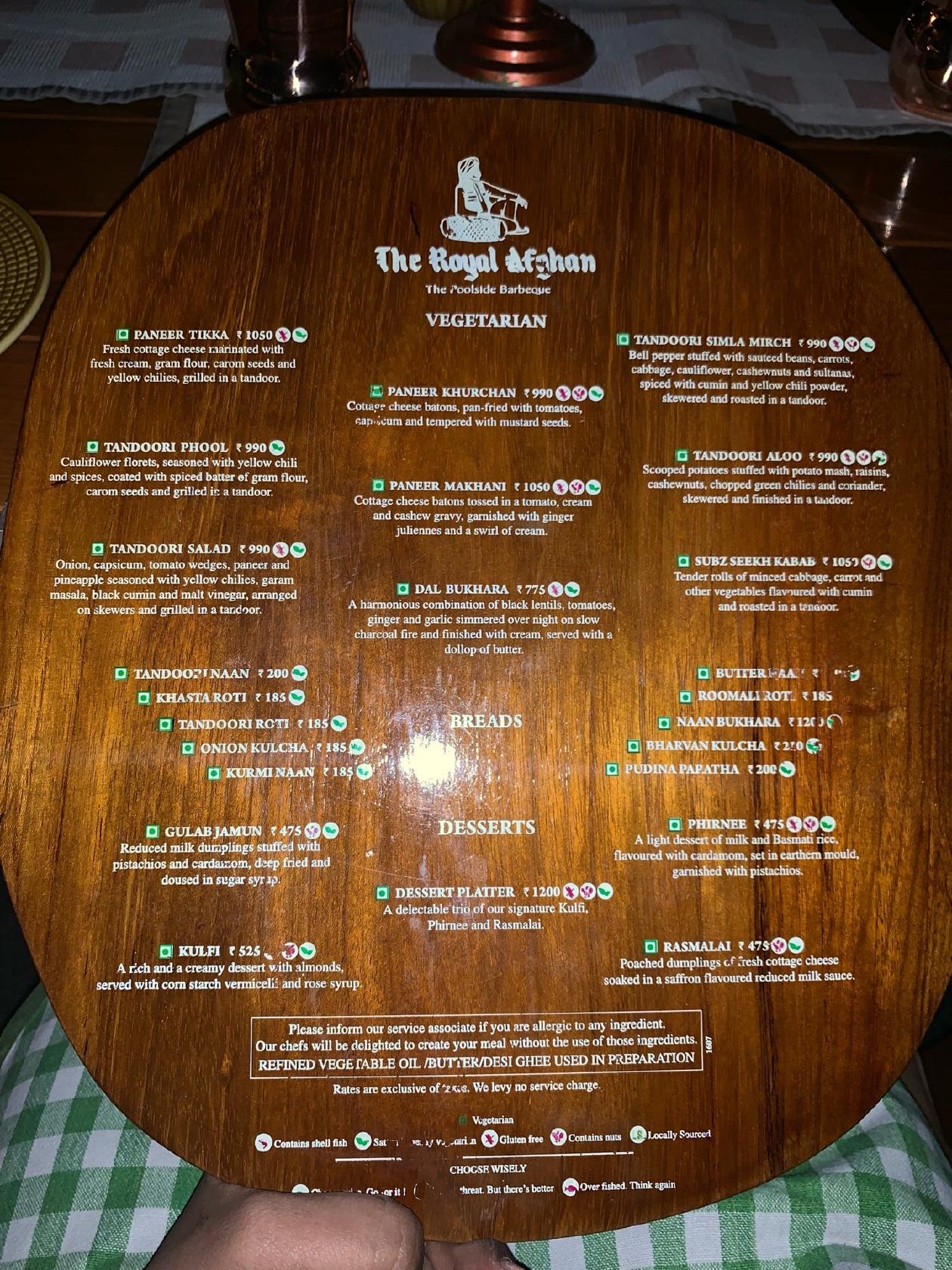 Menu at The Royal Afghan, Bengaluru