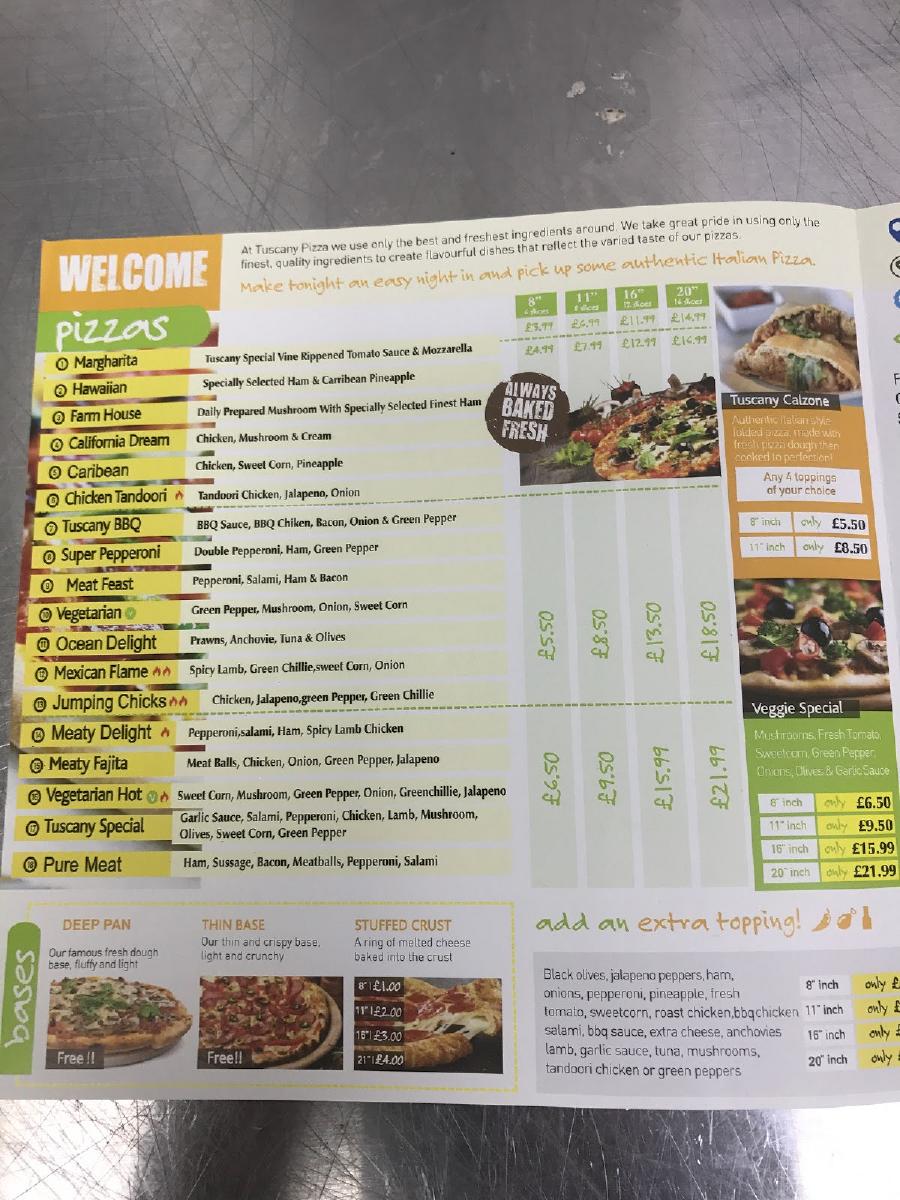 Menu at Tuscany Pizza pizzeria, Coventry, 208 Station Rd