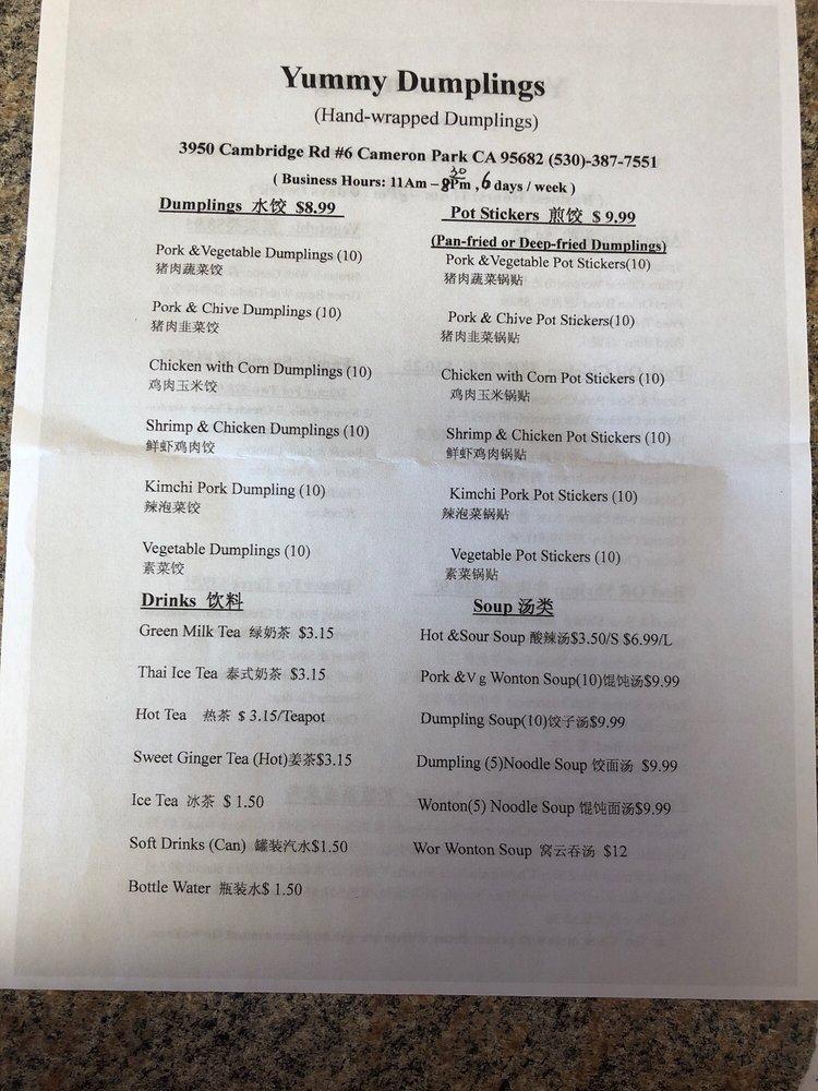 Menu at Yummy Dumplings restaurant, Cameron Park