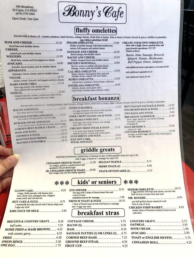 Menu at Bonny's Cafe, El Cajon