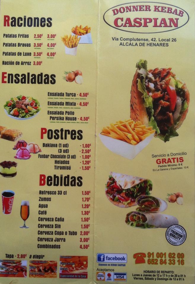 Menu at Kebab caspian restaurant, Alcala de Henares