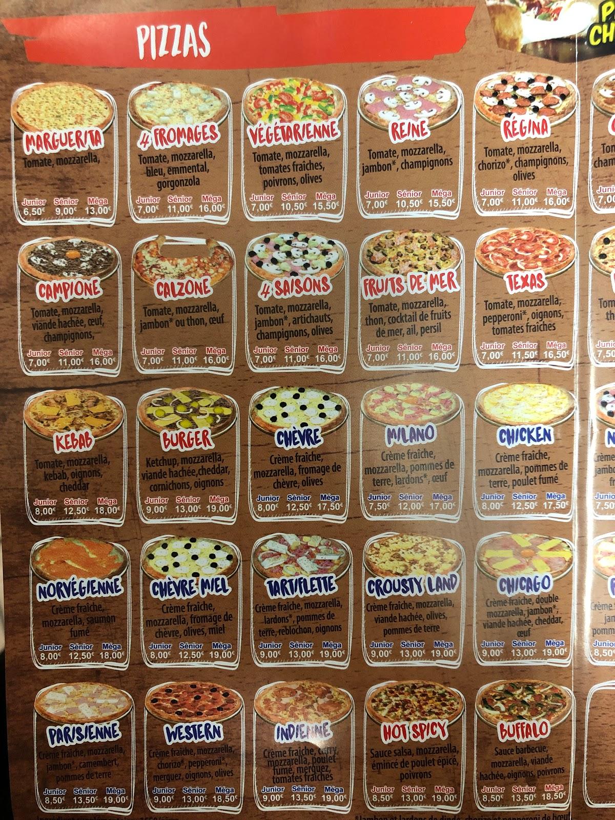 Menu at PizzaLand pizzeria, Marines