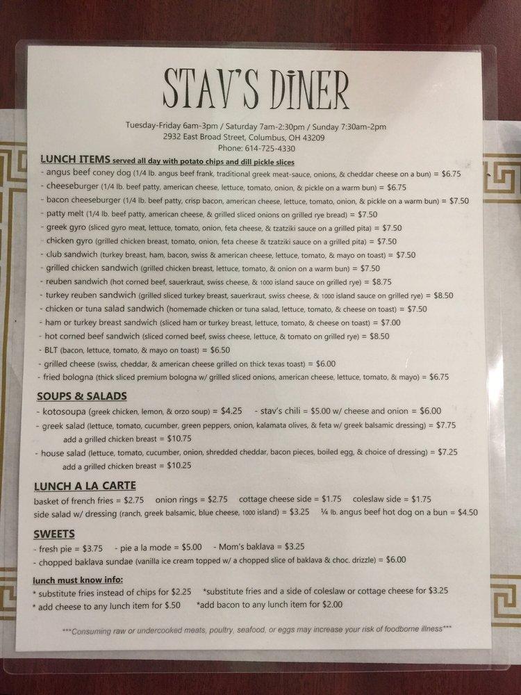 Menu at Stav's Diner cafe, Columbus