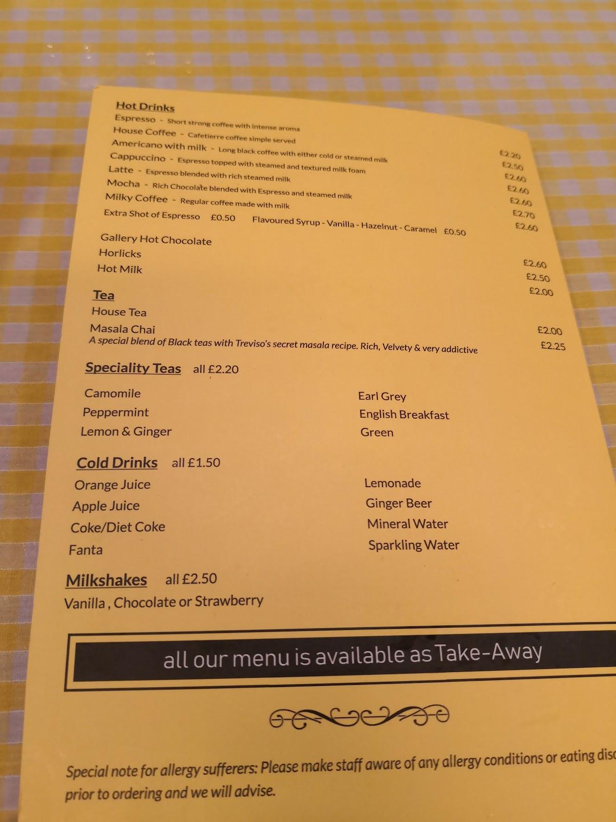 Menu at The Gallery Tearooms cafe, Shrewsbury