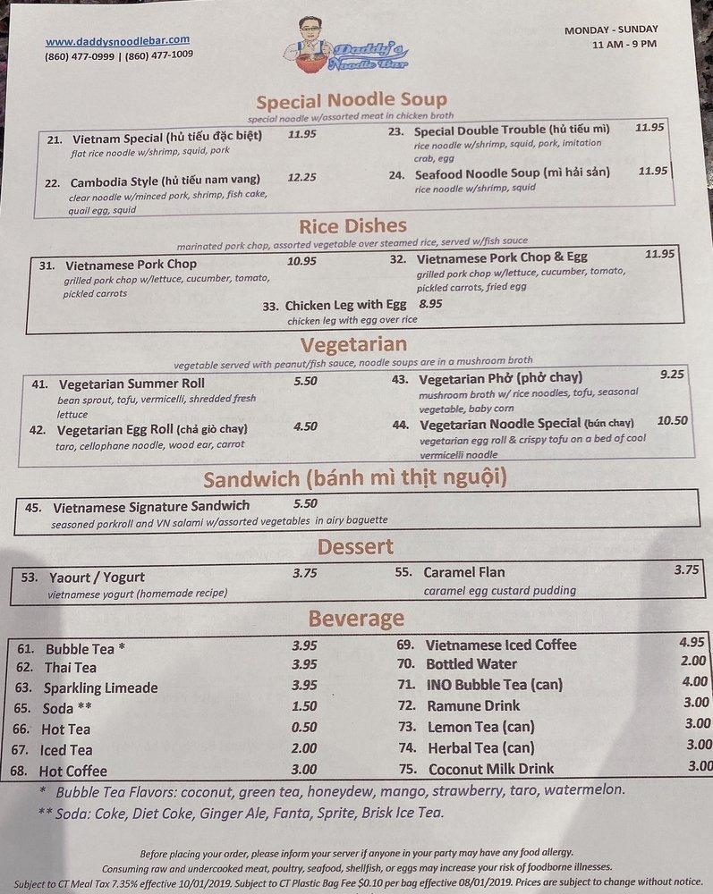 Menu at Daddy's Noodle Bar, East Lyme