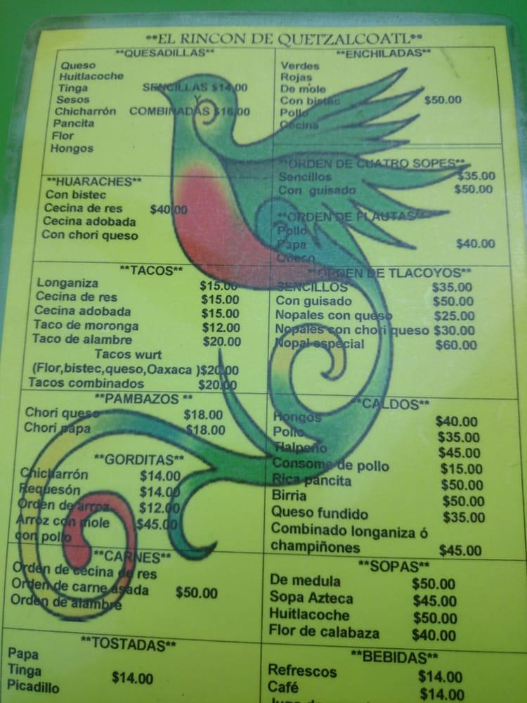 Menu at El Rincón de Quetzalcoaltl, Mexico City