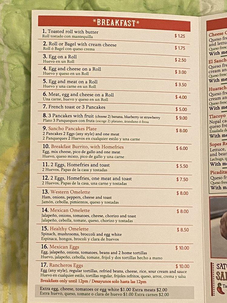 Menu at El Sancho restaurant, New York City, 142 Avenue U