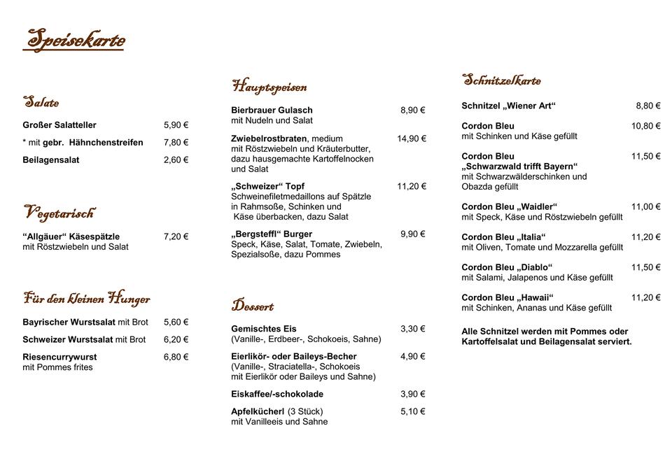 Speisekarte von Gasthaus Bergsteffl restaurant, Au in der Hallertau