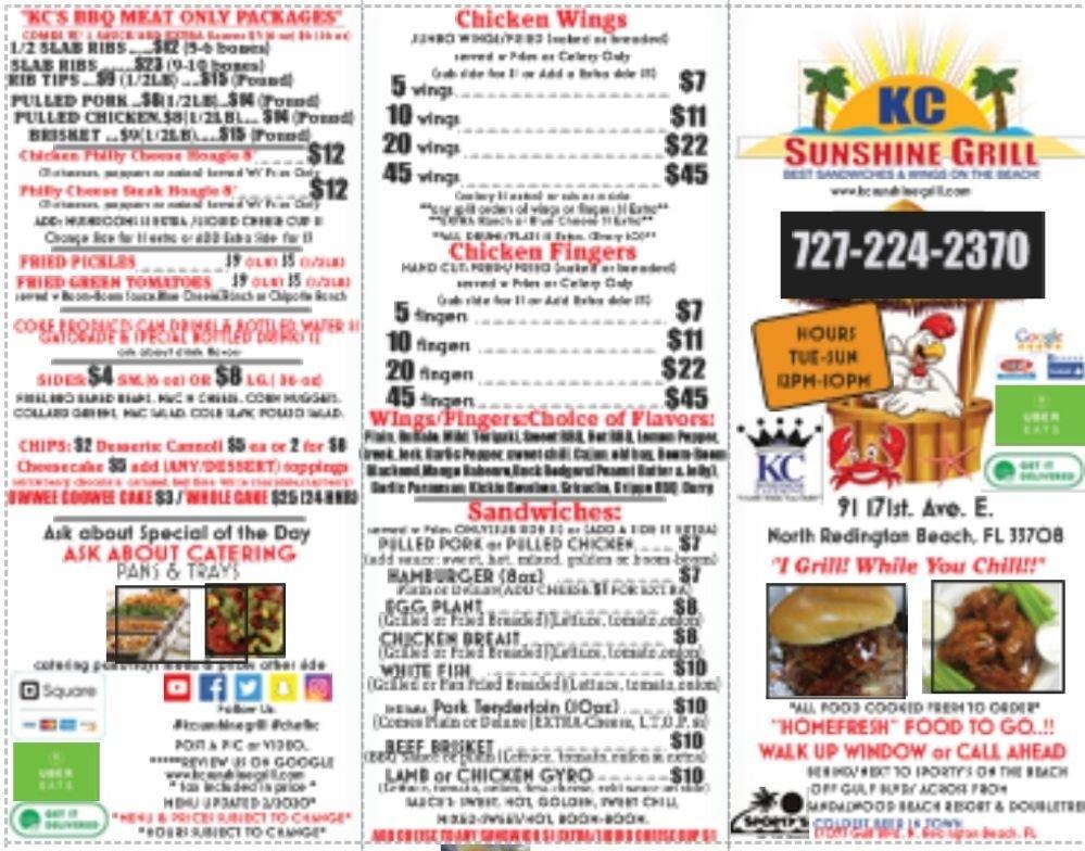 Menu at KC Sunshine Grill BBQ, North Redington Beach