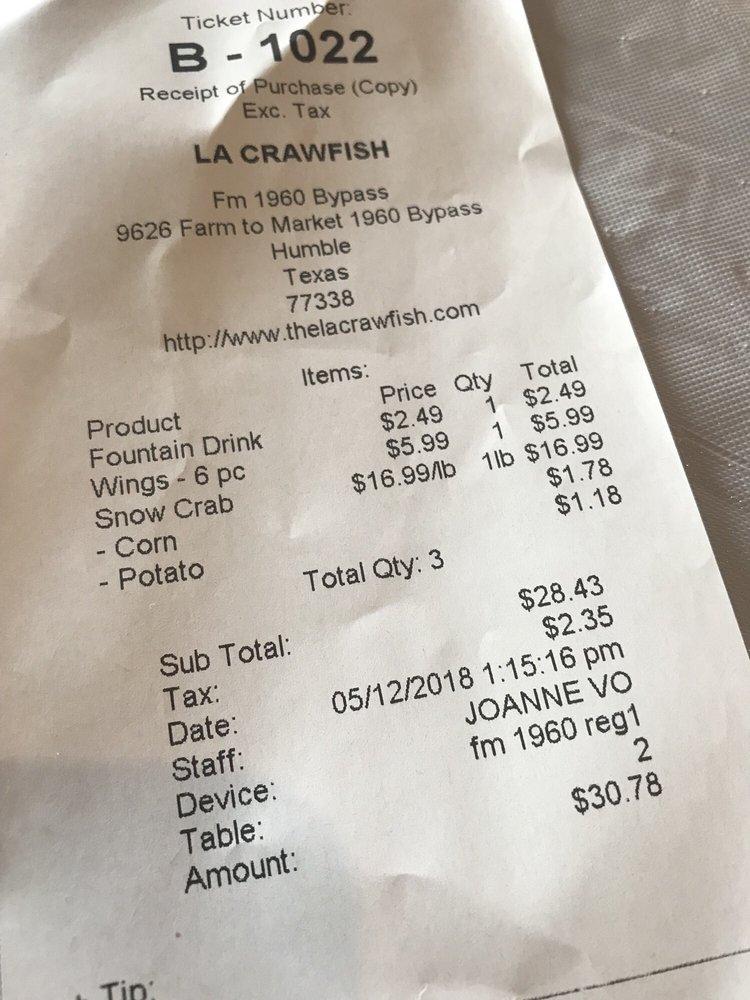 Menu at LA Crawfish restaurant, Humble