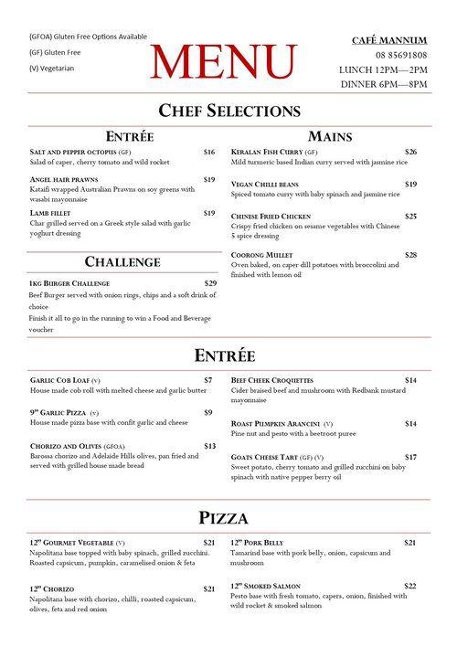 Menu at Mannum Motel restaurant, Mannum