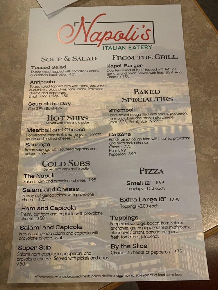 Menu at Napoli's Italian Eatery pizzeria, Canton