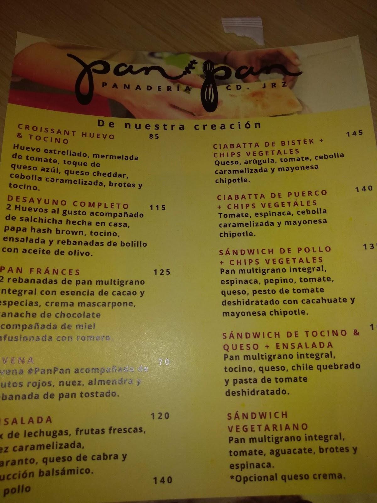 Carta de cafetería PanPan, Ciudad Juarez