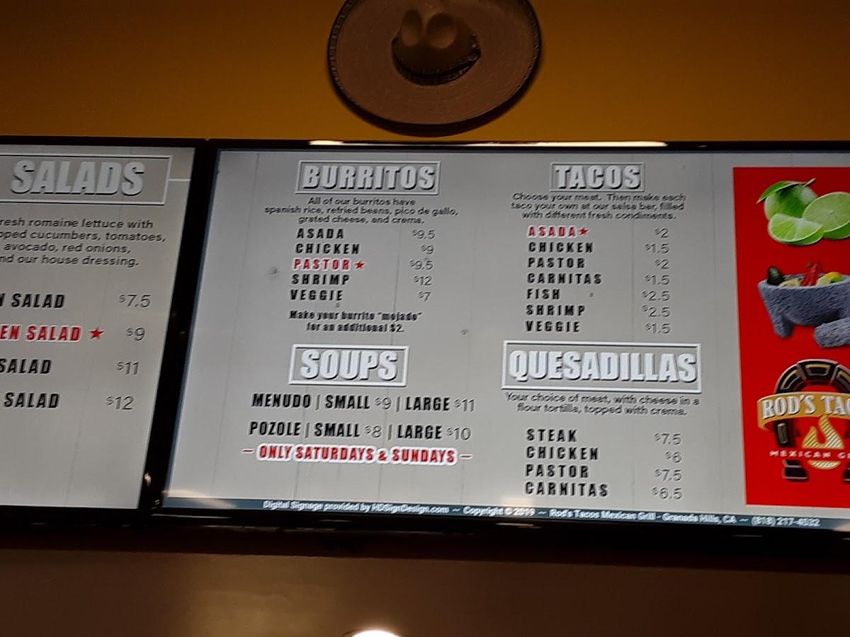Menu at Rod's Tacos Mexican Grill restaurant, Los Angeles