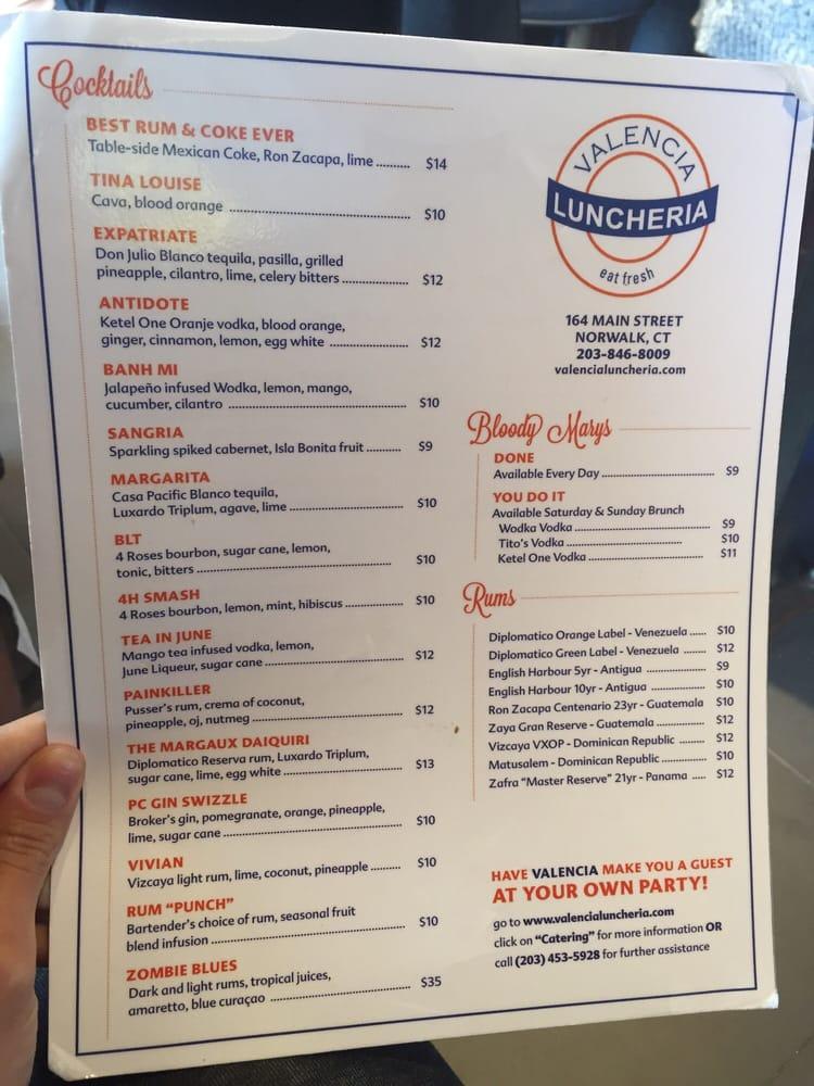 Menu at Valencia Luncheria restaurant, Norwalk