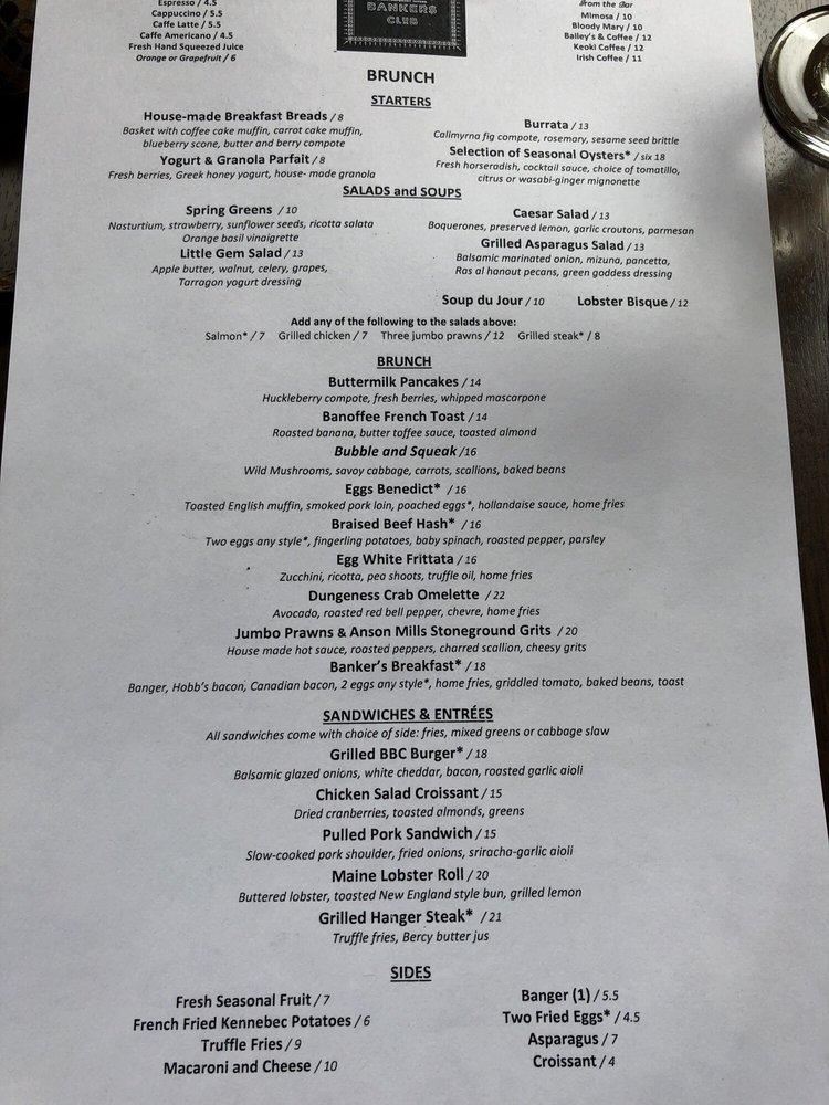 Menu at British Bankers Club, Menlo Park