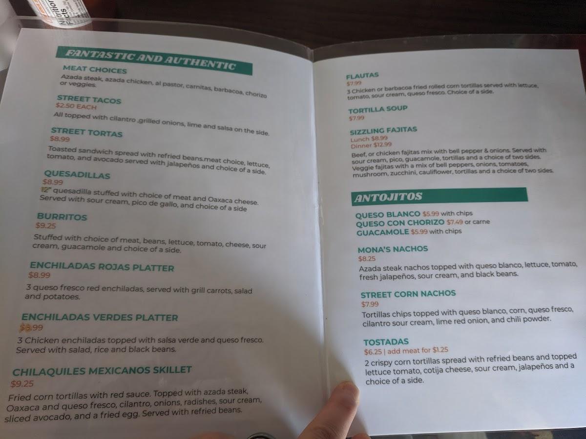 Menu at Cafe Mona, Stillwater