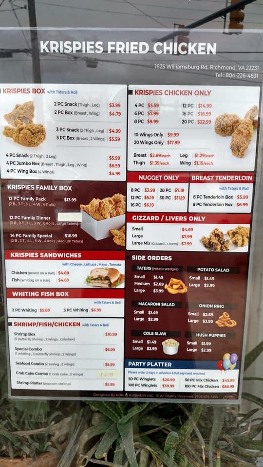 Menu at Krispies' Fried Chicken restaurant, Richmond