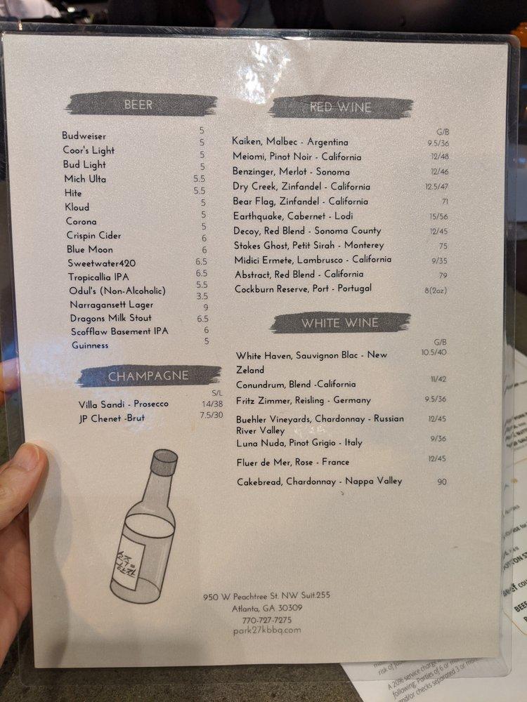 Menu at Park 27 Korean BBQ and Bar, Atlanta