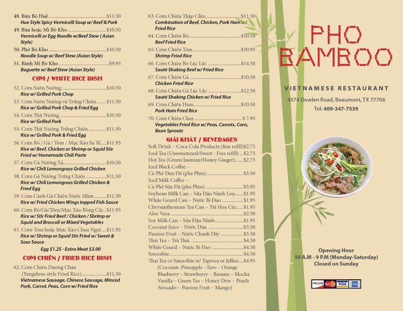 Menu at Pho BamBoo restaurant, Beaumont