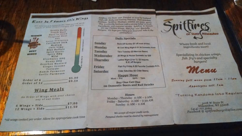 Menu at Spitfires on State pub & bar, Milwaukee