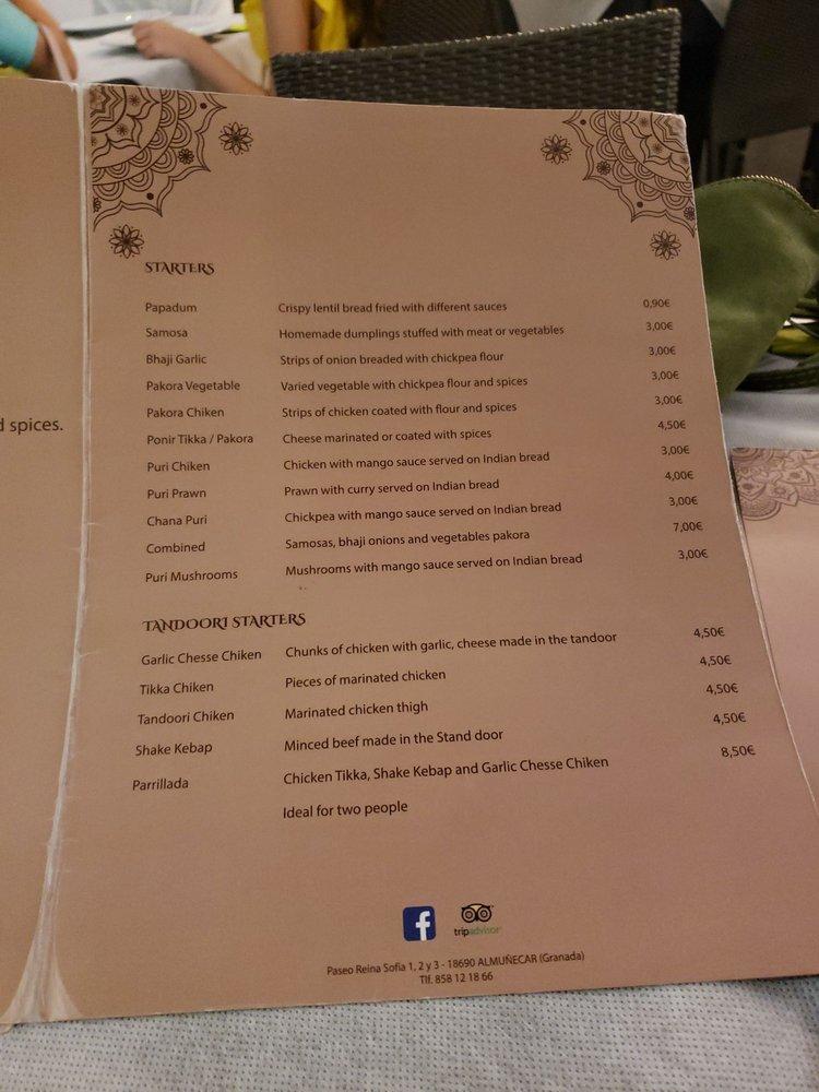 Menu at Taj Mahal Tandoori Restaurant, Almuñécar