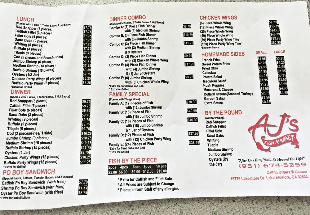Menu at AJ's Fish Market restaurant, Lake Elsinore