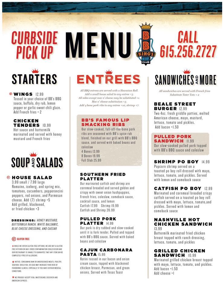 Menu at BB King's Blues Club, Nashville