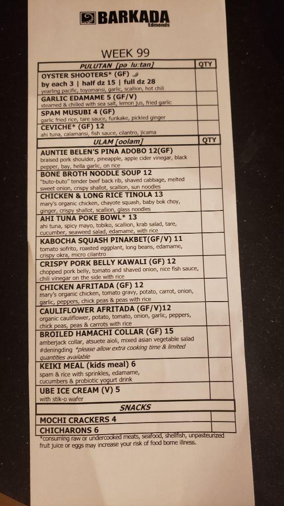 Menu at Barkada Edmonds, Edmonds