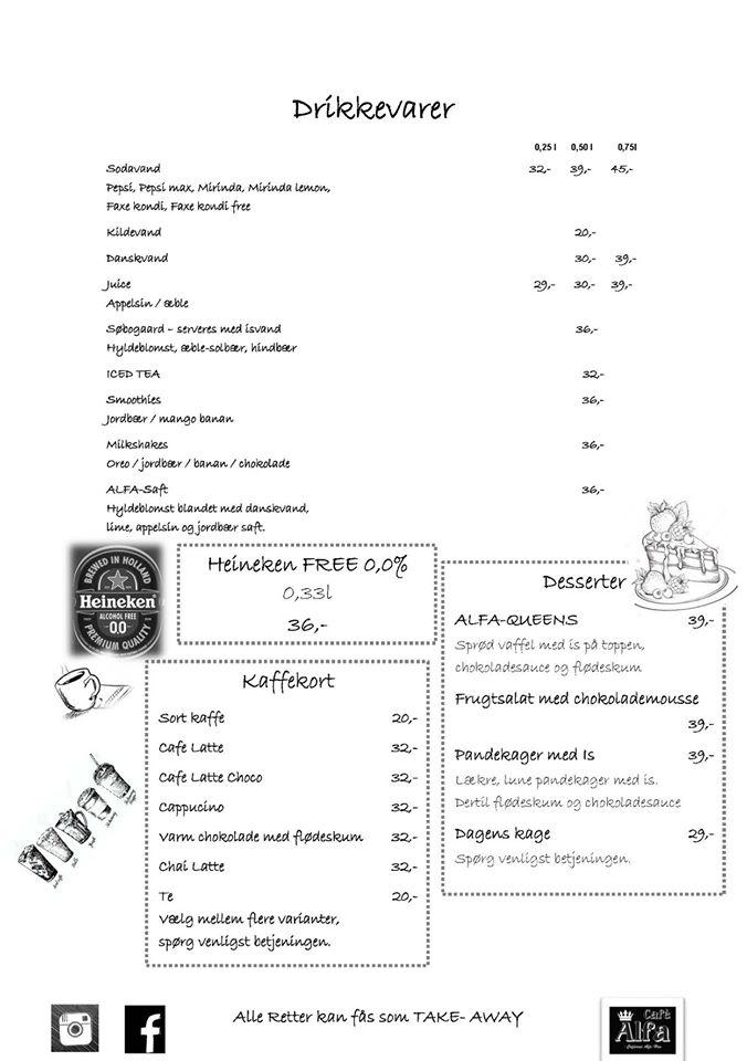 Menu at Café Alfa cafe, Holstebro