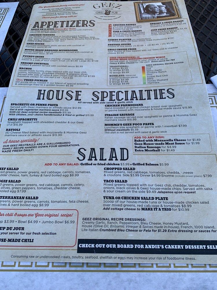 Menu at Geez Grill & Pub, Dayton