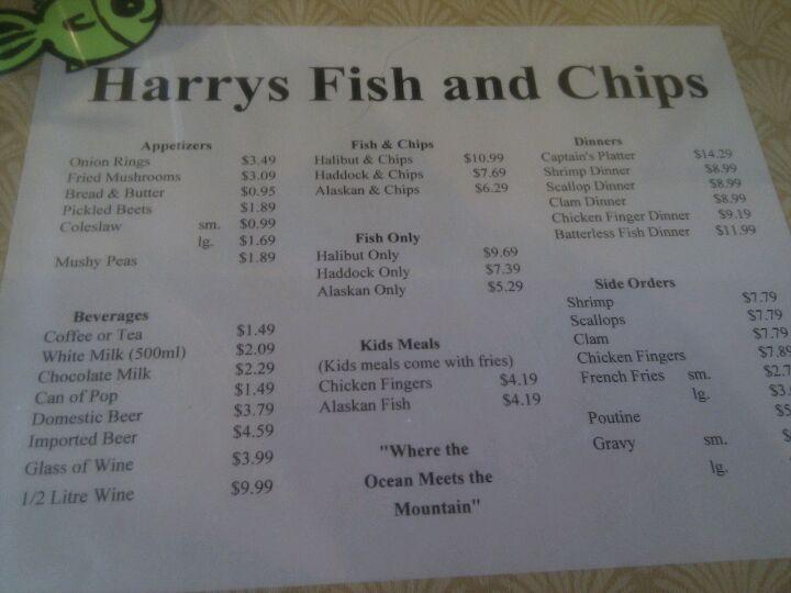 Menu at Harry's Fish & Chips restaurant, Hamilton
