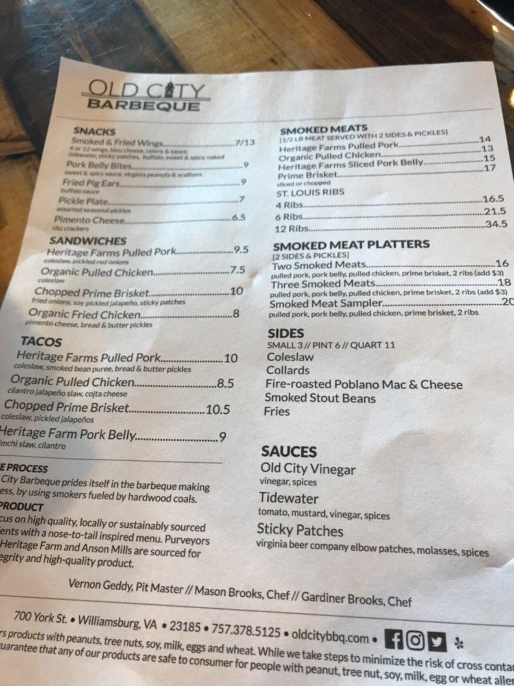 Carta de Old City Barbeque, Williamsburg