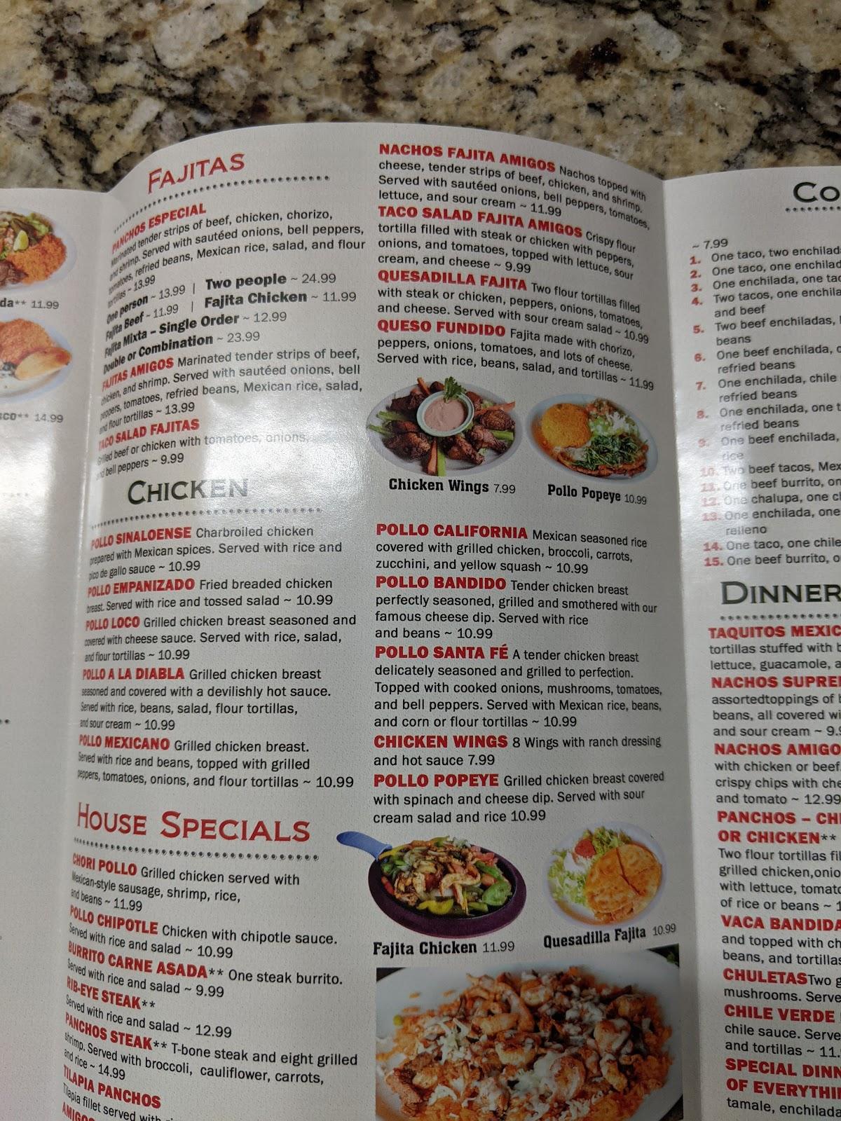 Menu at Pancho's and Amigo's restaurant, Erwin