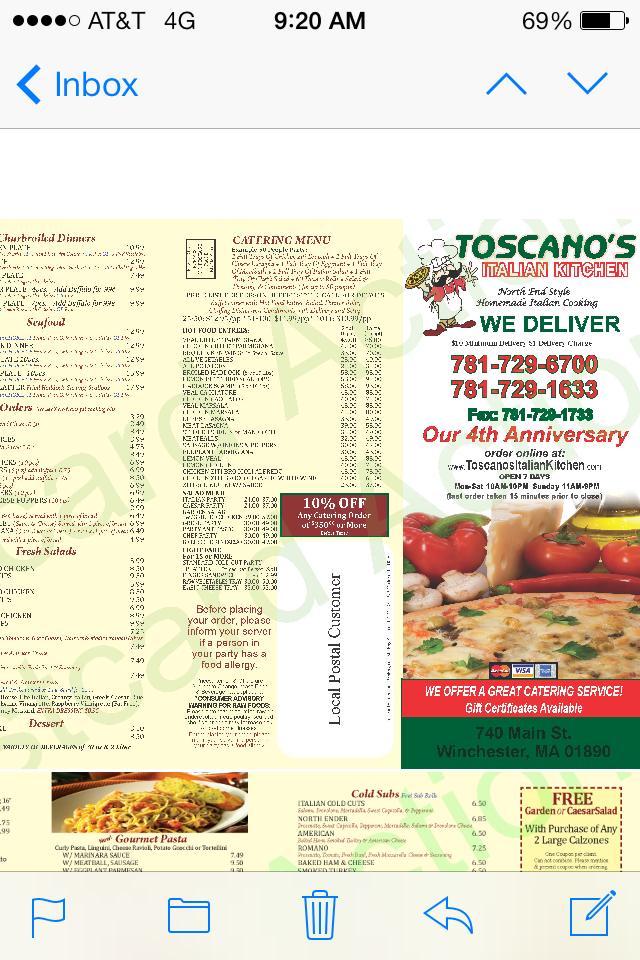 Menu at Toscano's Italian Kitchen pizzeria, Winchester