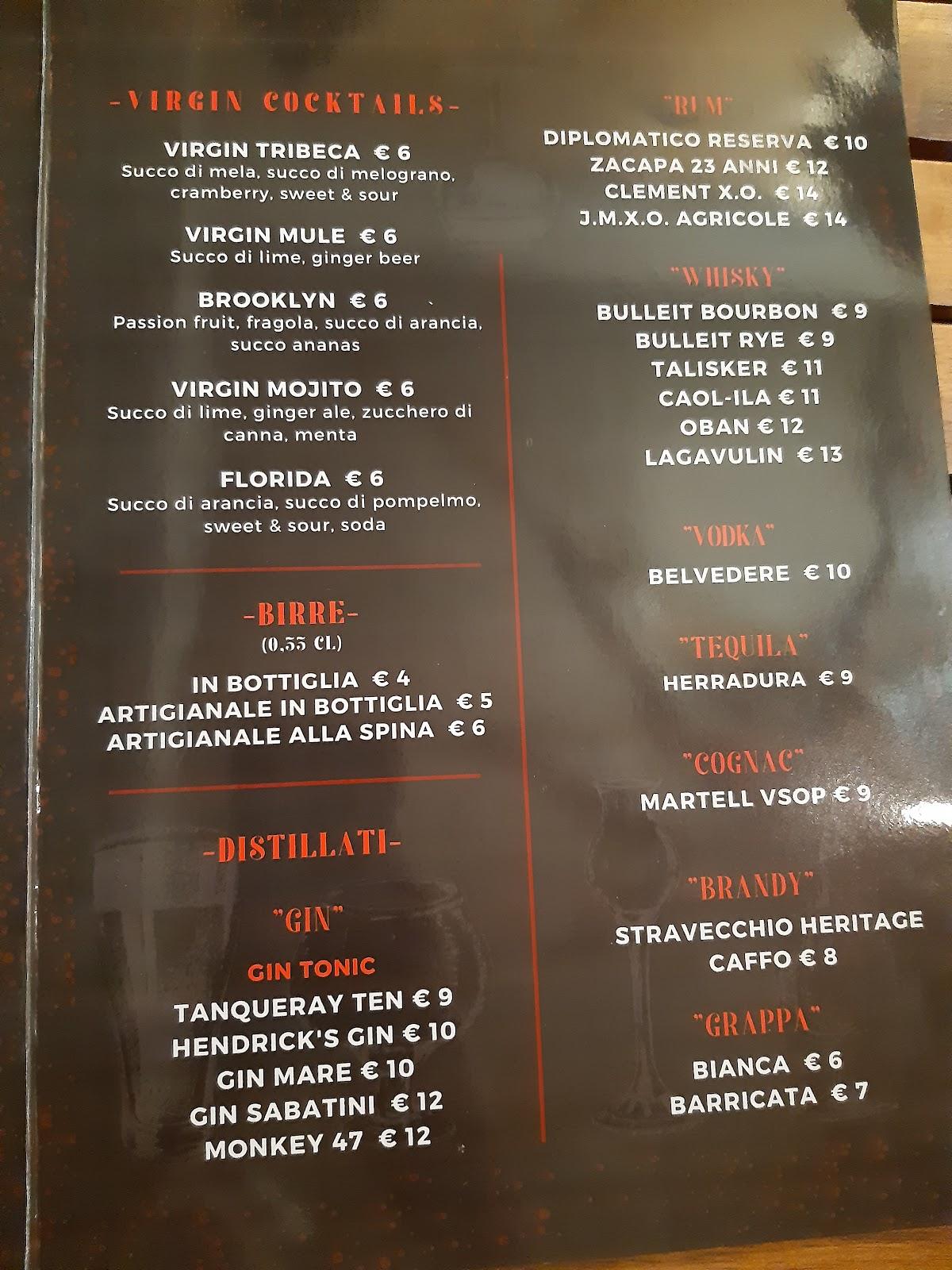 Menu at Tribeca restaurant, Rome