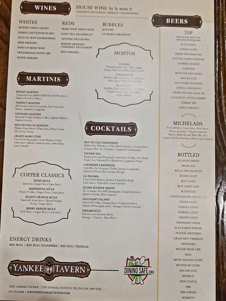 Menu at Yankee Tavern pub & bar, Eagan, Yankee Doodle Rd