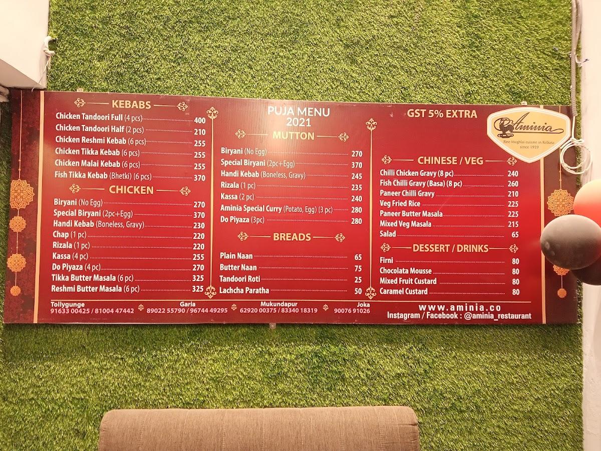 Menu at Aminia Restaurant - Joka, Kolkata