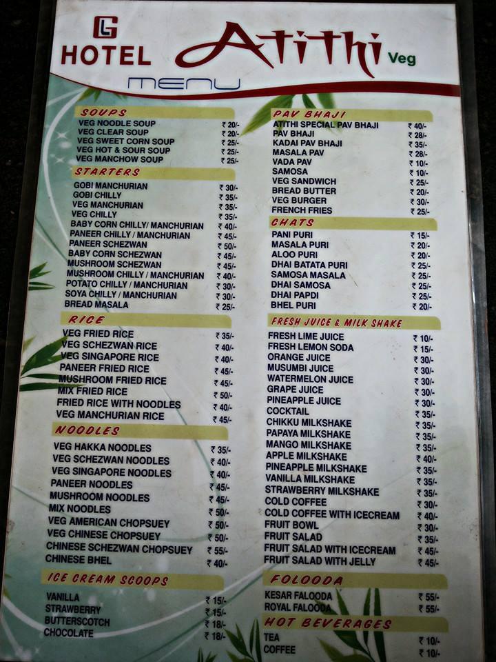 Menu at Hotel Atithi, Kalavara