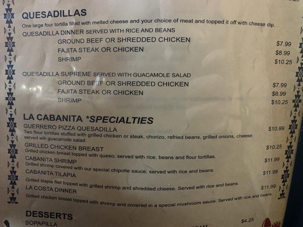 Menu at La Cabanita restaurant, Springville