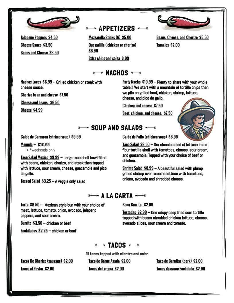 Menu at Little Mexico restaurant, Cadillac