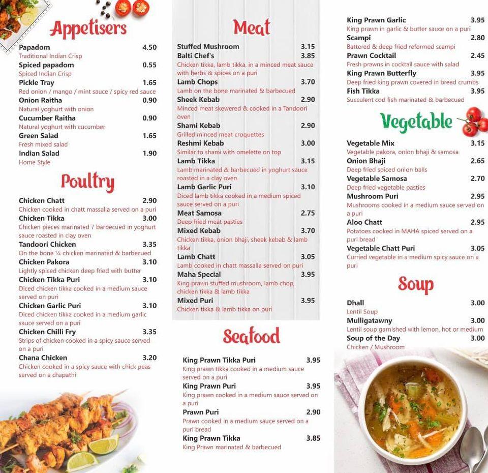 Menu at Maha Indian Cuisine restaurant, Hyde