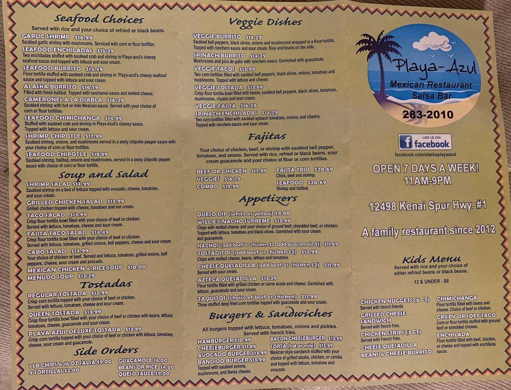 Menu at Playa Azul restaurant, Kenai