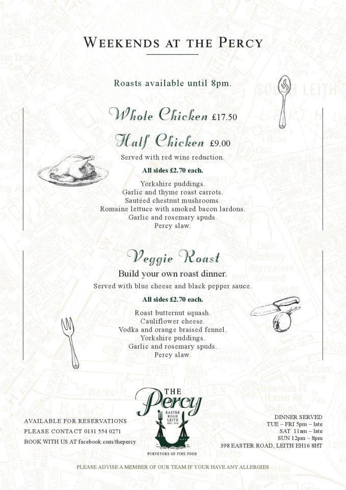 Menu at The Percy restaurant, Edinburgh