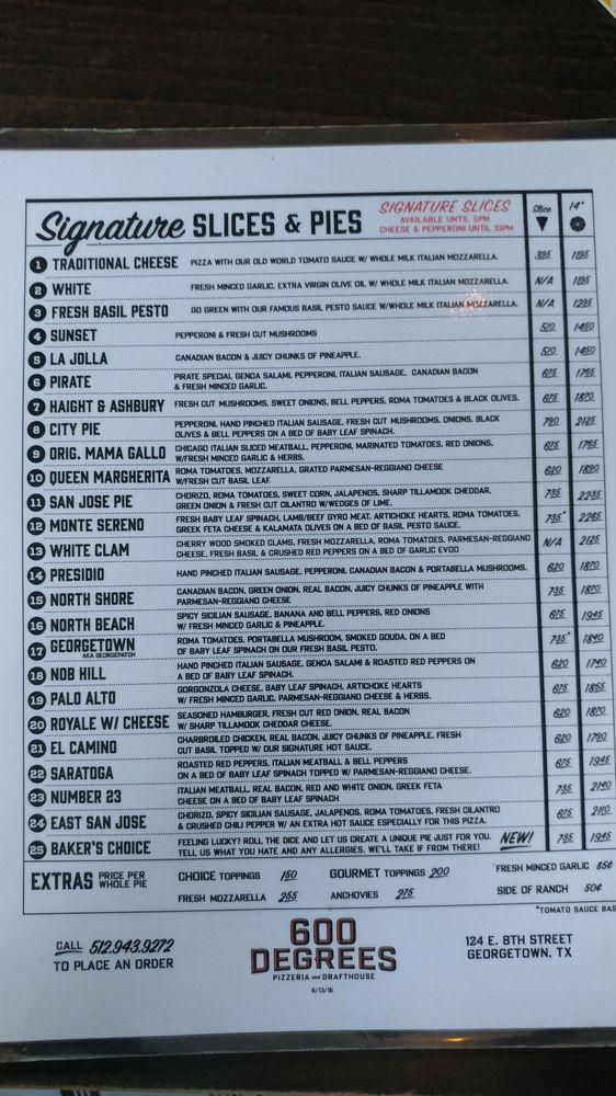 Menu at 600 Degrees Pizzeria, Georgetown
