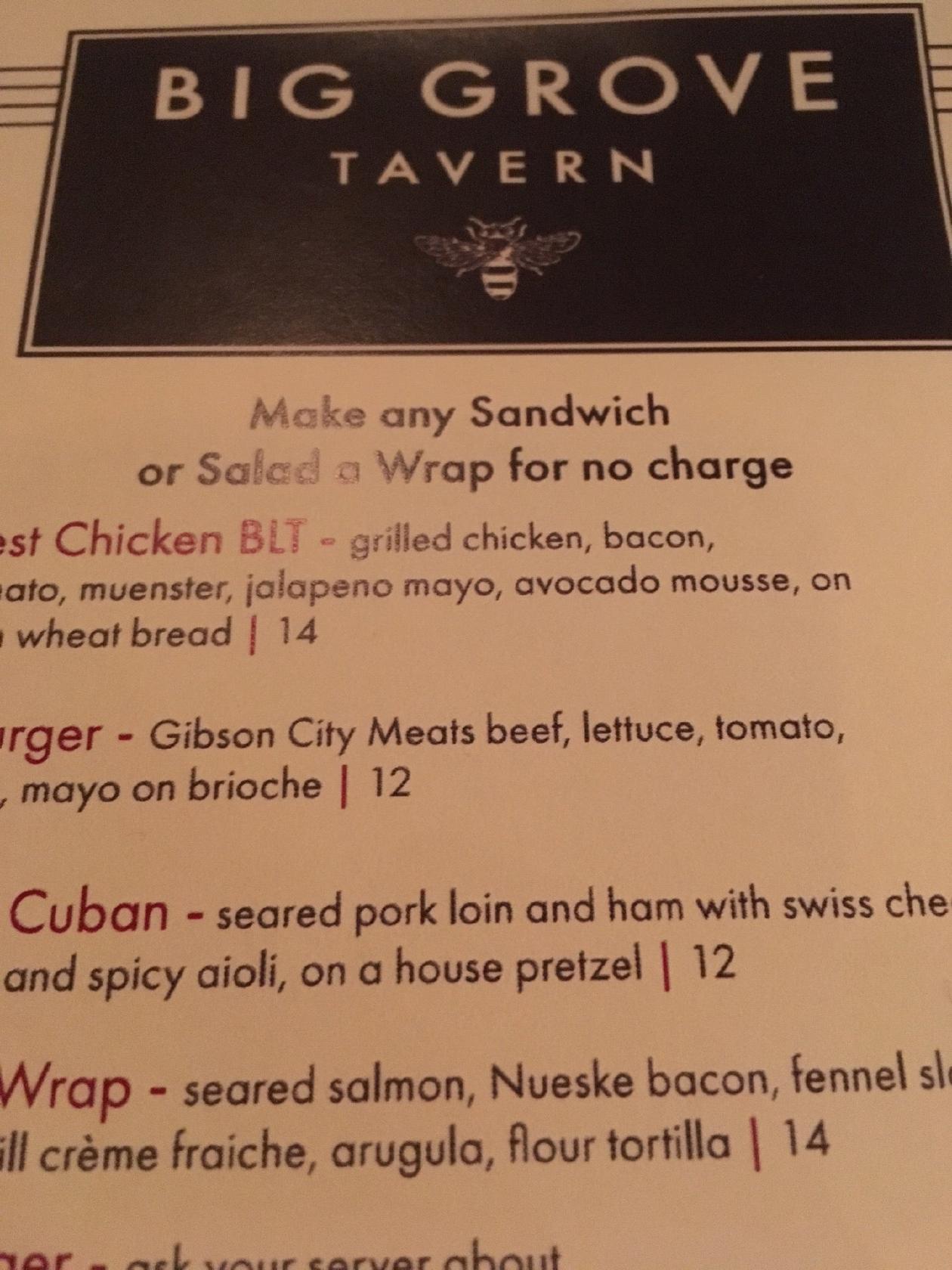 Menu at Big Grove Tavern pub & bar, Champaign