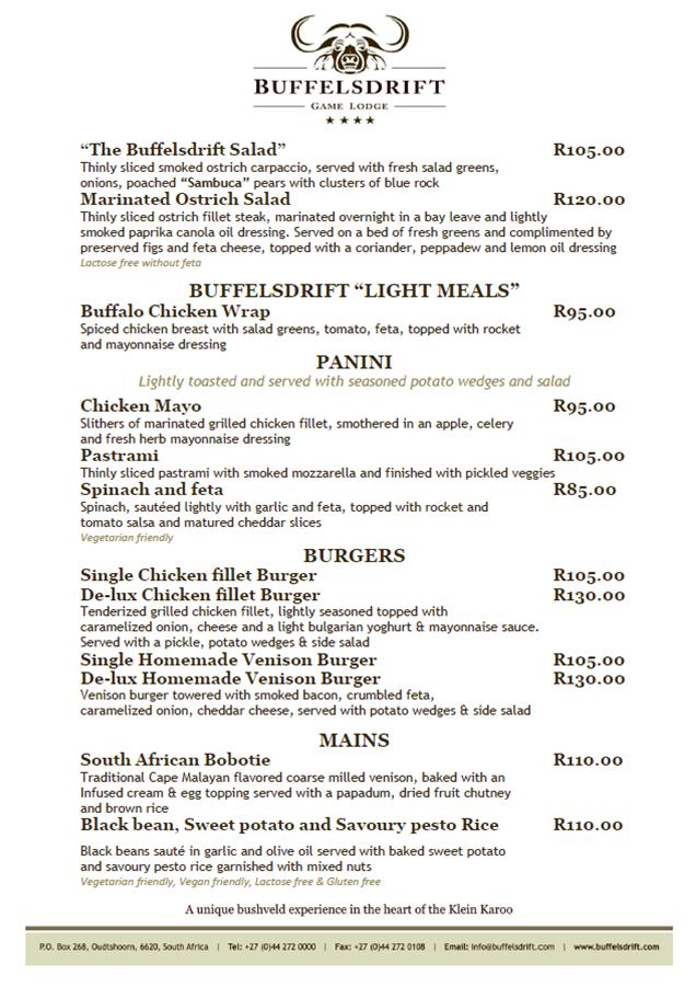 Menu at Buffelsdrift Game Lodge restaurant, Oudtshoorn