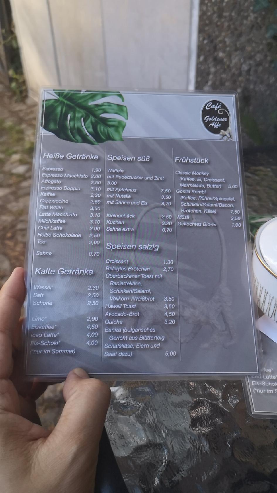 Menu at Cafe Goldener Affe, Freiburg