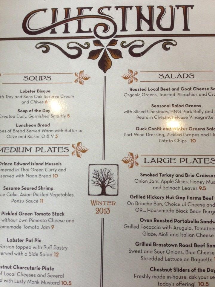 Menu at Chestnut restaurant, Asheville