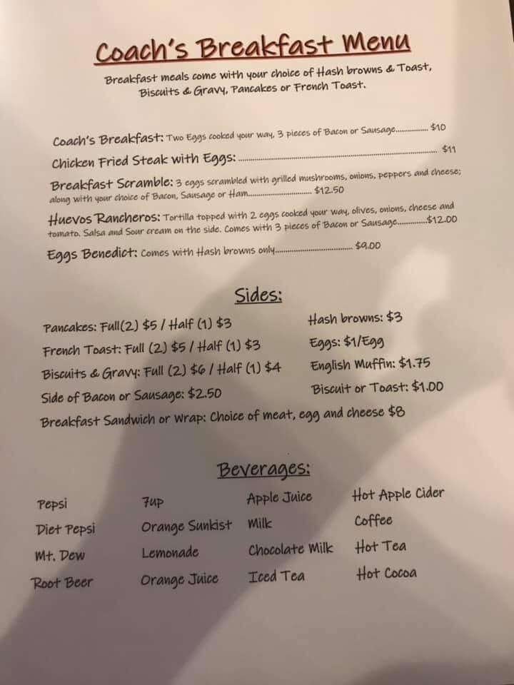 Menu at Coach's Family Sports Bar, Nezperce